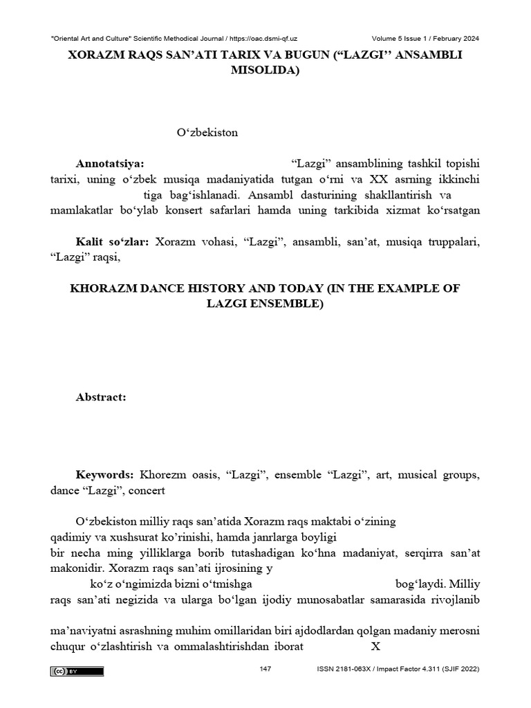 Xorazm Raqs San Ati Tarix Va Bugun Lazgi Ansambli Misolida | PDF