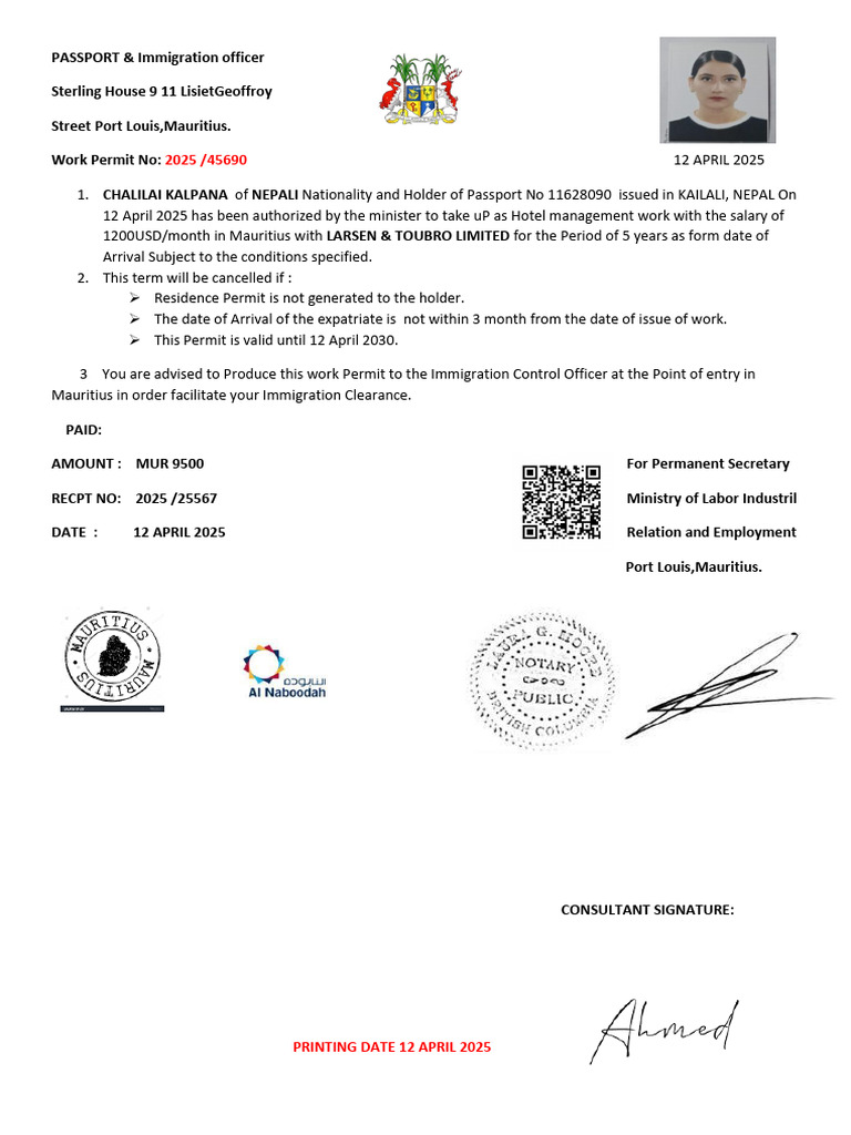 Chalilai Kalpana Work Permit | PDF