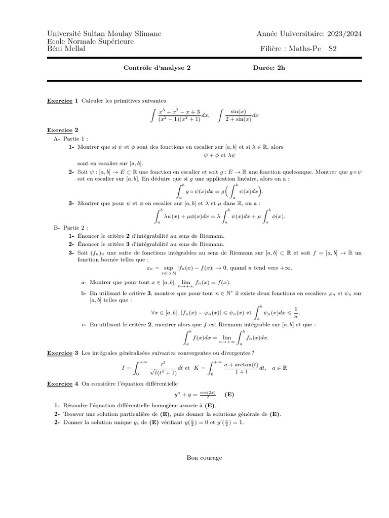 Contrôle d'Analyse 2 - Maths S2 | PDF | Analyse mathématique ...
