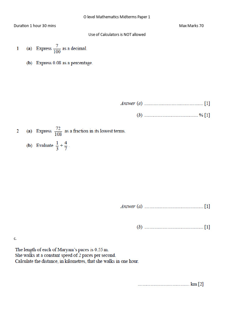 O Level Maths Midterm P1 2024 | PDF