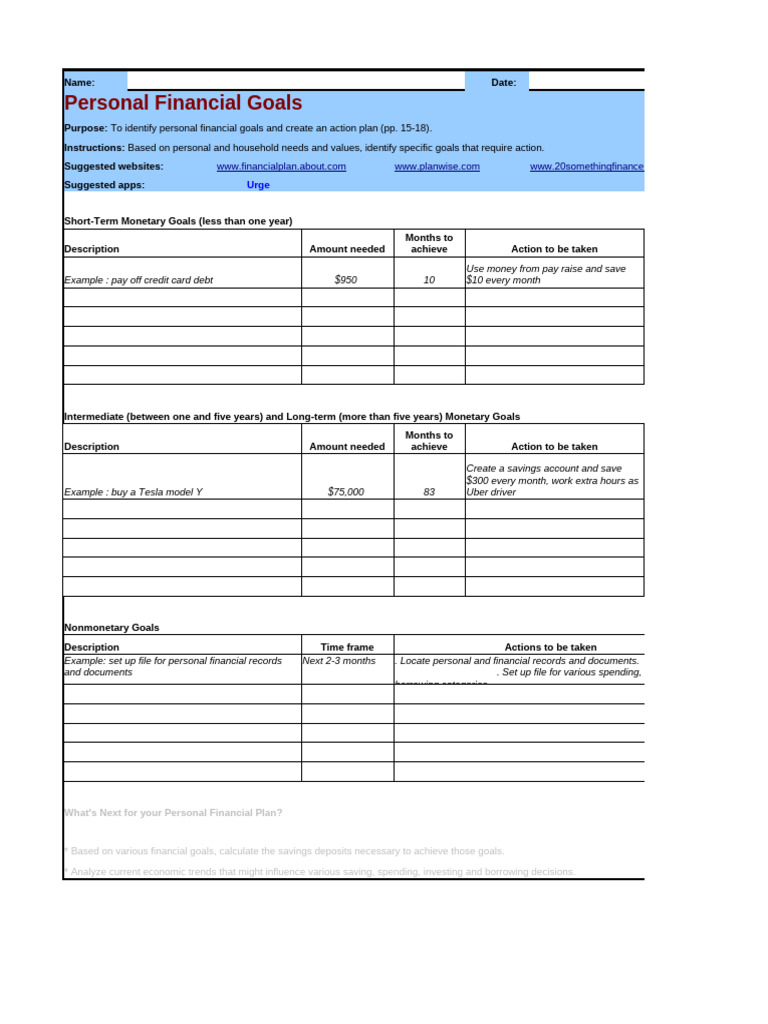 4 Financial Goals(Template) | PDF | Money | Debt