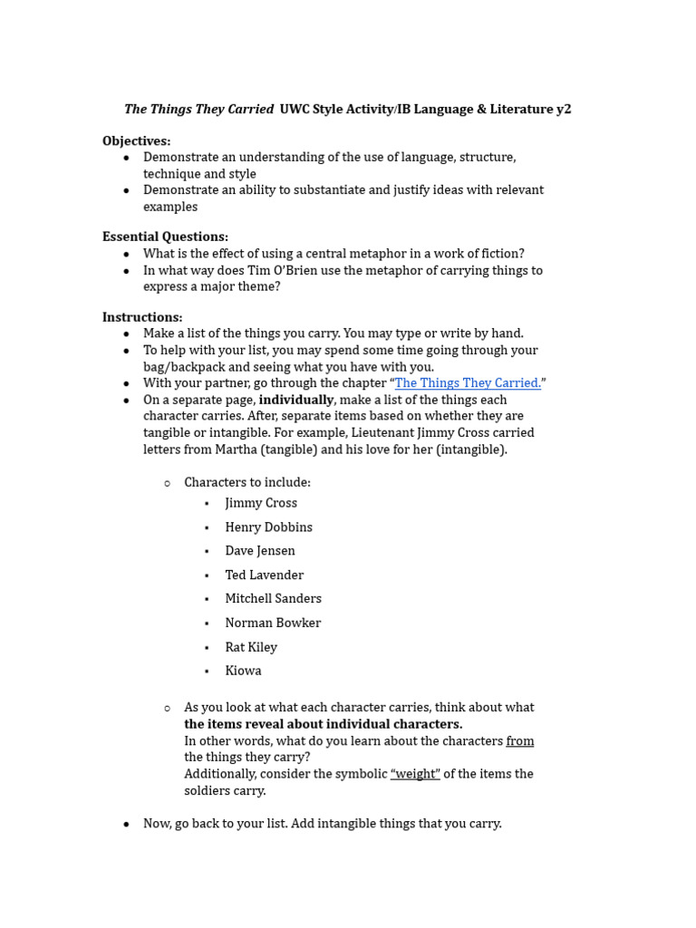 The Things They Carried Activity | PDF | Cognitive Science | Linguistics