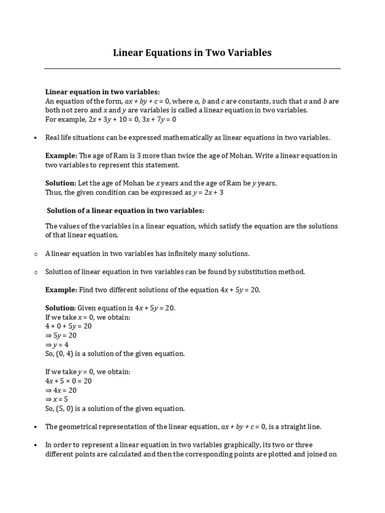 Linear Equations in Two Variables | PDF | Equations | Variable ...