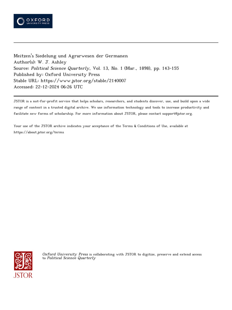 Ashley - Meitzen's Siedelung Und Agrarwesen Der Germanen - 1898 | PDF