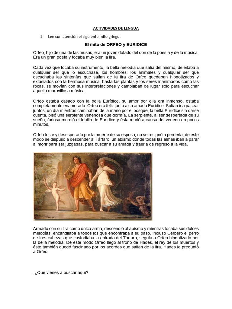 Mito de Orfeo y Eurídice: Actividades | PDF | Orfeo | infierno
