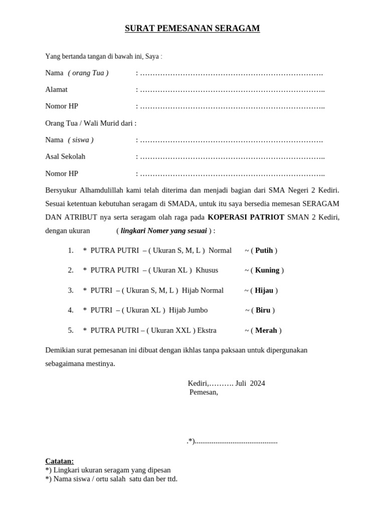 Format Pesan Seragam 2024 | PDF