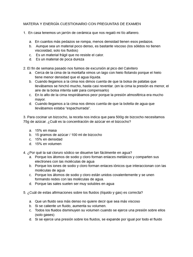 Cuestionario de Materia y Energía | PDF | Agua | La energía nuclear