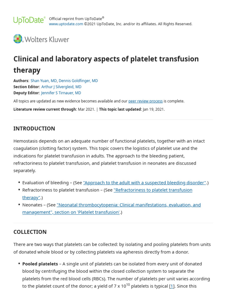 Clinical and Laboratory Aspects of Platelet Transfusion Therapy | PDF ...