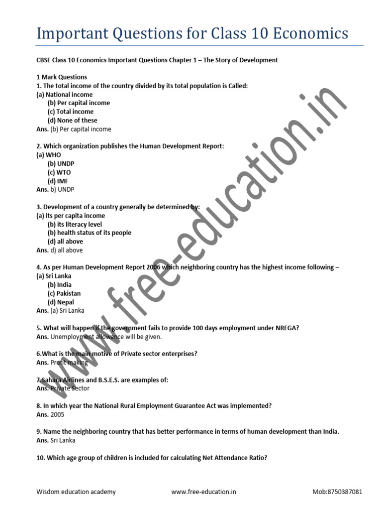 Important Questions for Class 10 Economics | PDF | Income | Sustainable ...