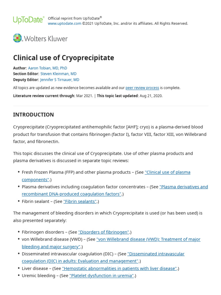 Clinical Use of Cryoprecipitate - UpToDate | PDF | Coagulation | Blood ...