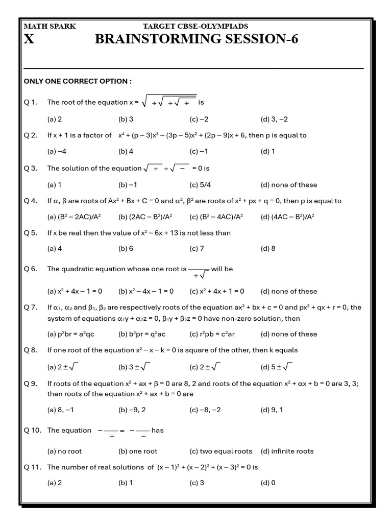 X-Maths Brainstorming Session-6 | PDF | Quadratic Equation ...