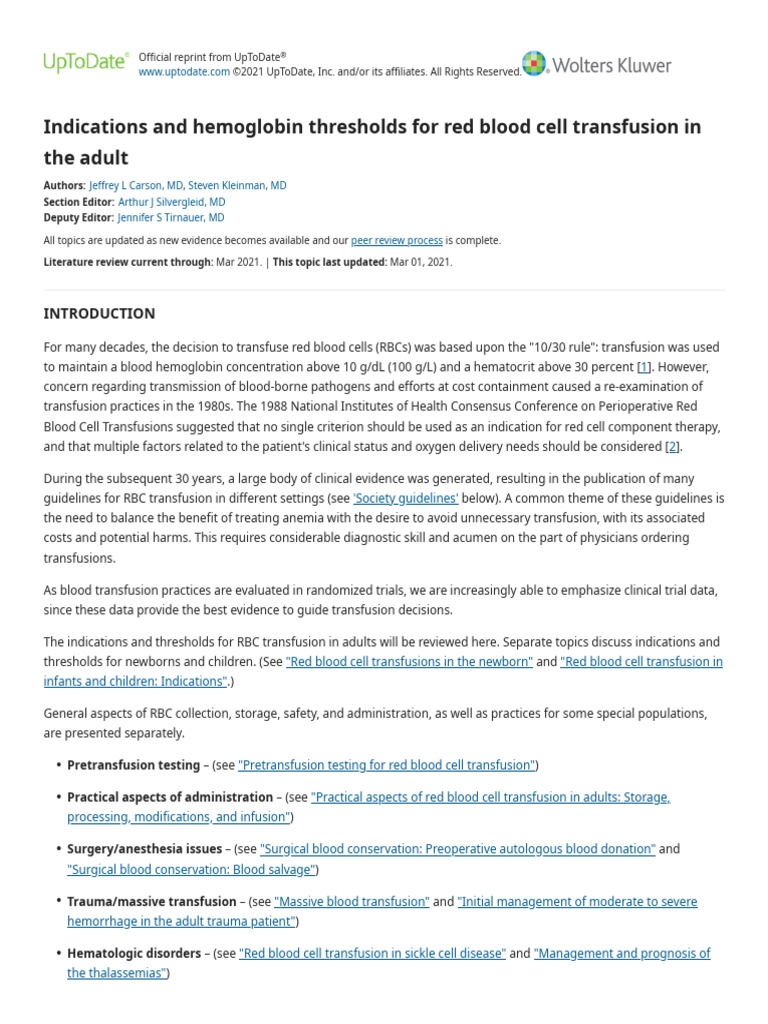 Indications and Hemoglobin Thresholds For Red Blood Cell Transfusion in ...