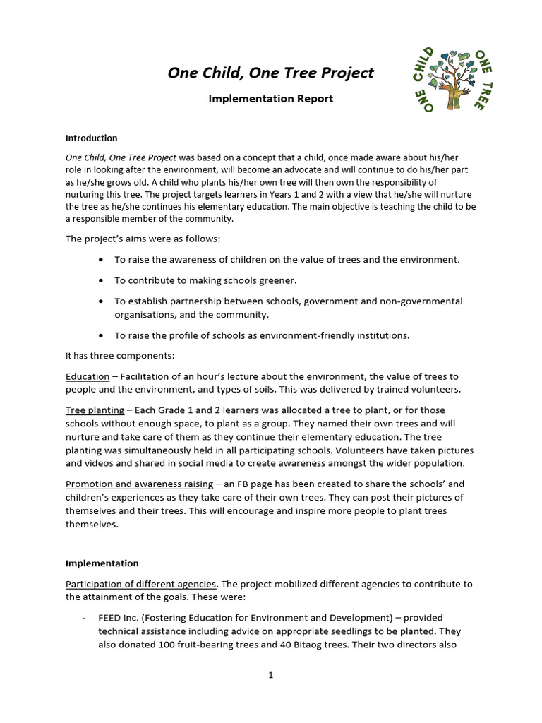One Child One Tree Implementation Report | PDF | Mangrove | Physical ...