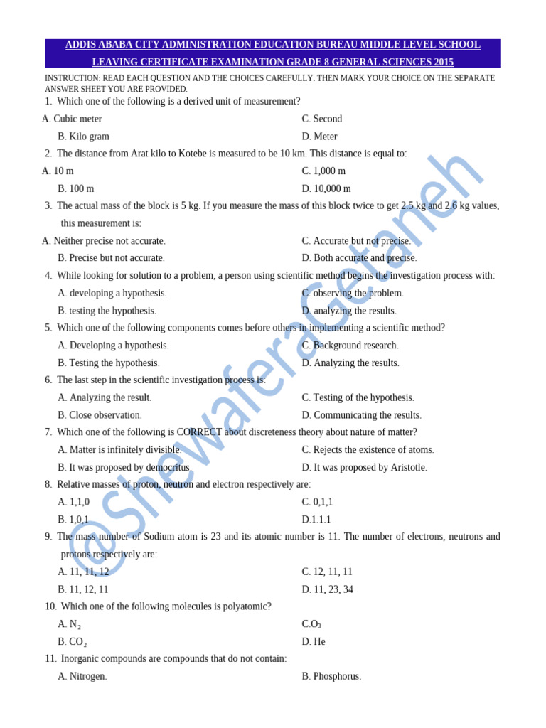 Grade 8 General Science Exam 2015 | PDF | Planets | Solar System