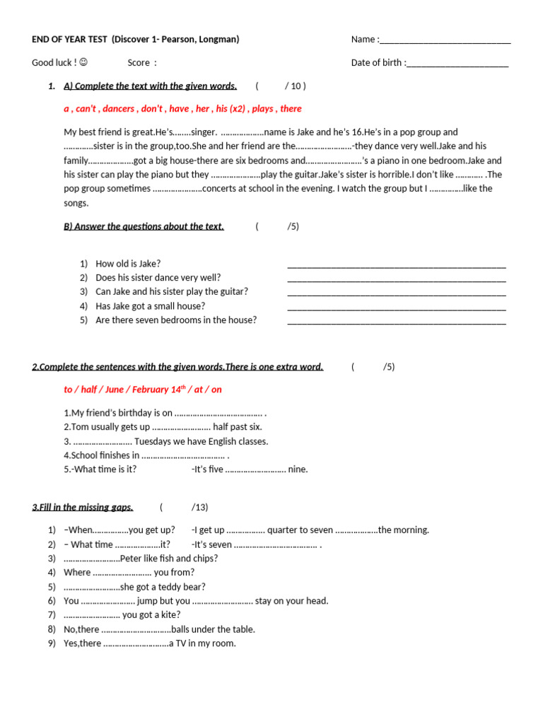 End of Year English Test | PDF