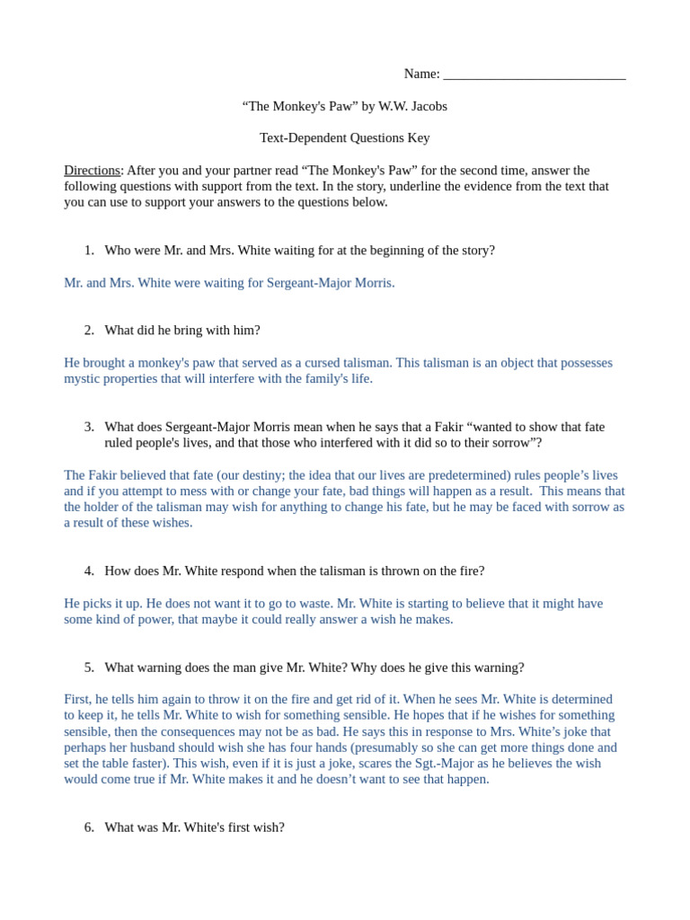 "The Monkey's Paw: Answer Key" | PDF | Destiny