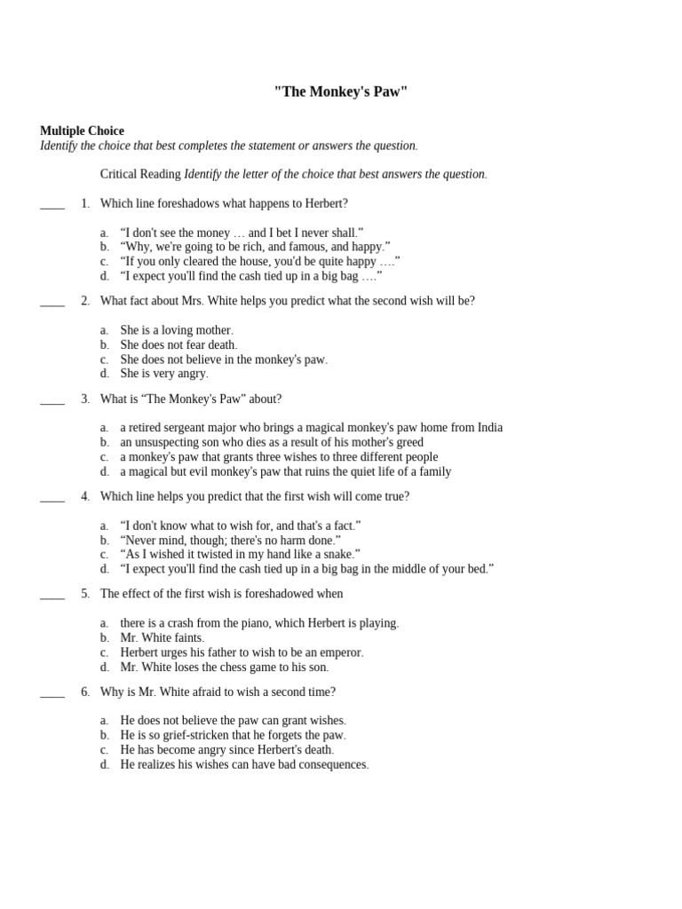 Monkeys Paw Comp Questions | PDF