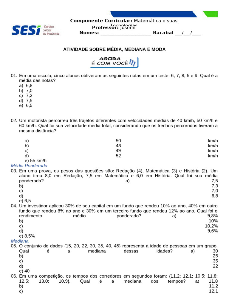 Atividade de Fixão Sobre Média, Mediana e Moda | PDF | Matemática