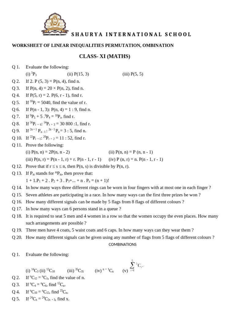 Worksheet of Permuation Combination and Binomial Theorem | PDF | Line (Geometry) | Mathematics