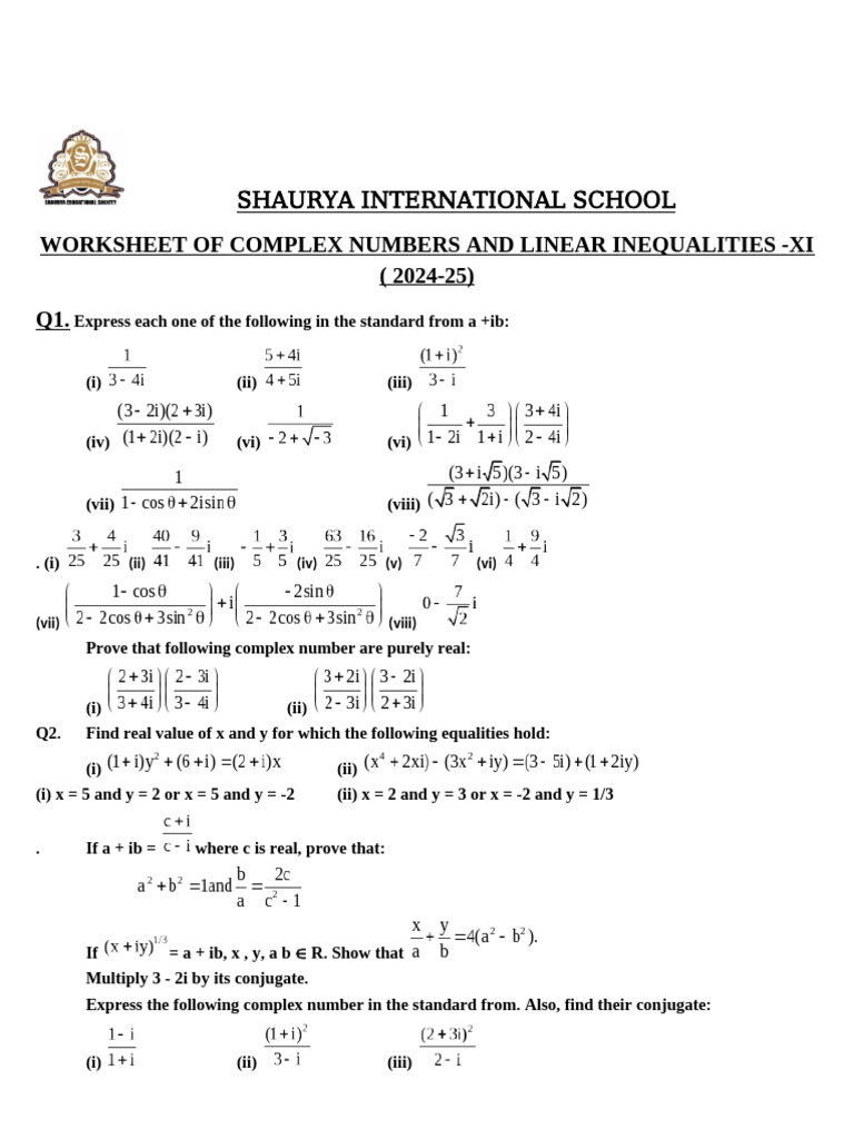 Worksheet of Complex Numbers and Ilinear Inequalities | PDF ...
