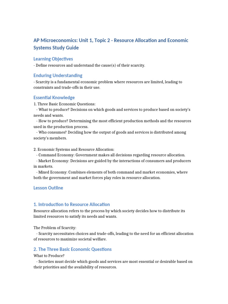 AP Microeconomics Unit1 Topic2 Resource Allocation Study Guide | PDF ...