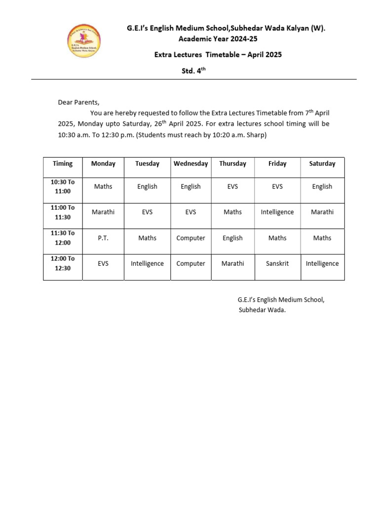 STD 4th Extra Lecture Timetable (April 24-25) | PDF