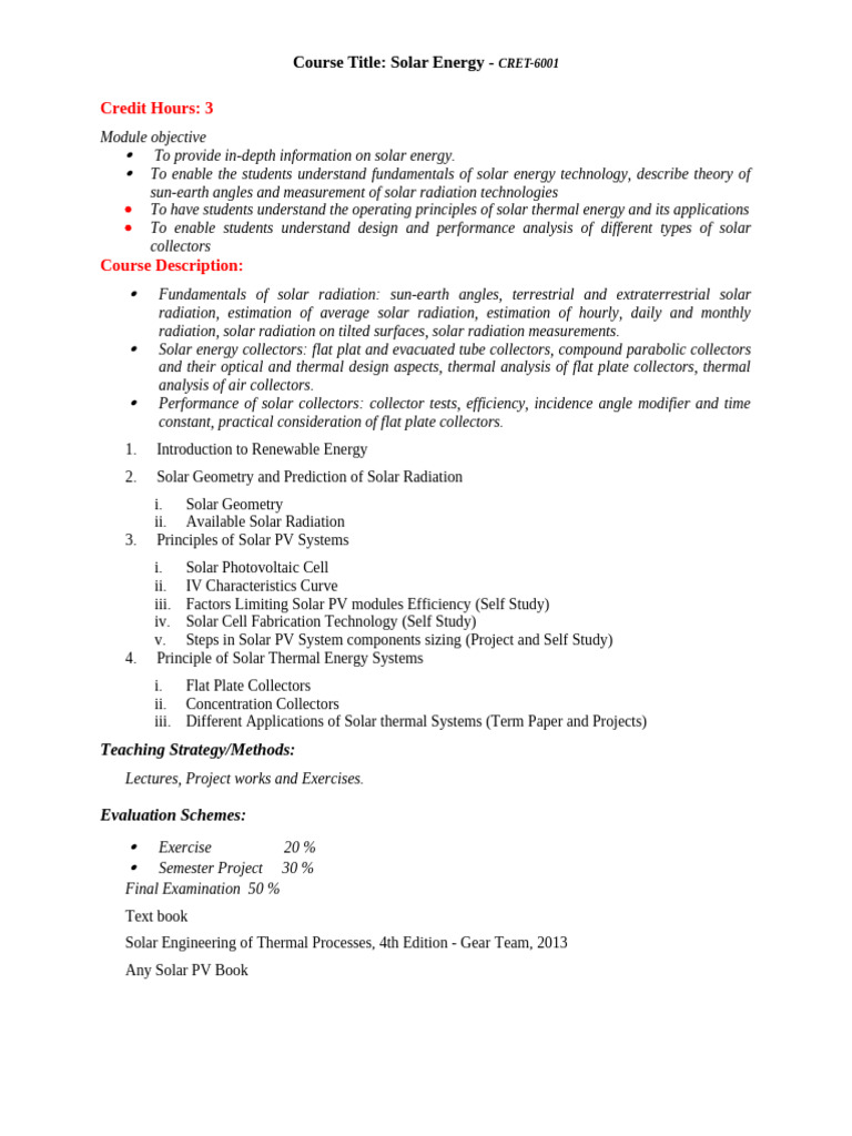 Solar Energy Course Overview | PDF