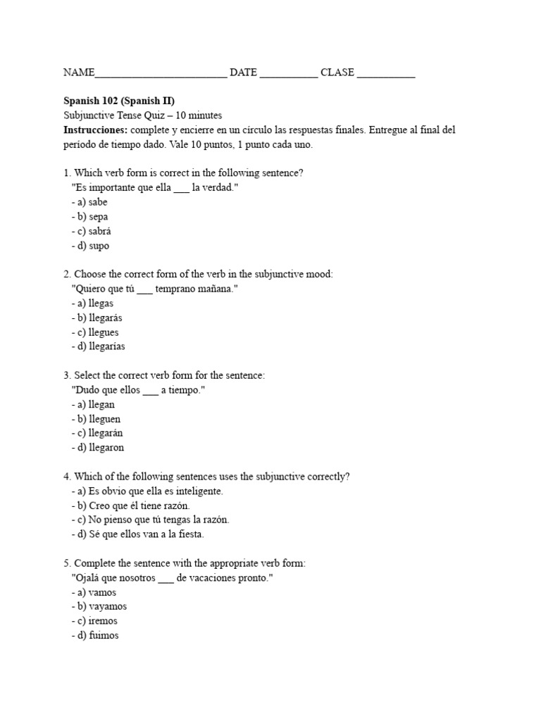 Span 102 Subjuctive Quiz | PDF