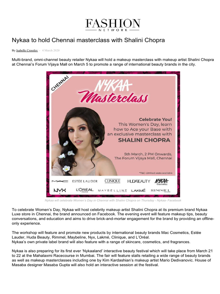 FNW 1193450 Nykaa To Hold Chennai Masterclass With Shalini Chopra | PDF
