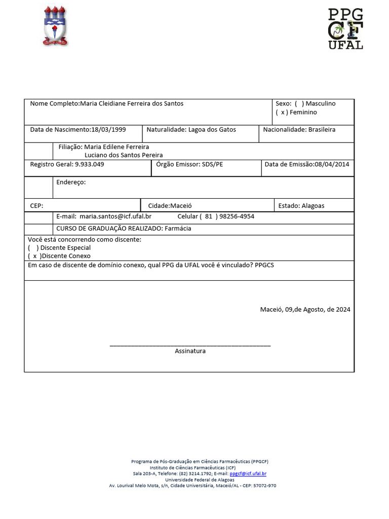 Formulário de Requerimento de inscrição | PDF
