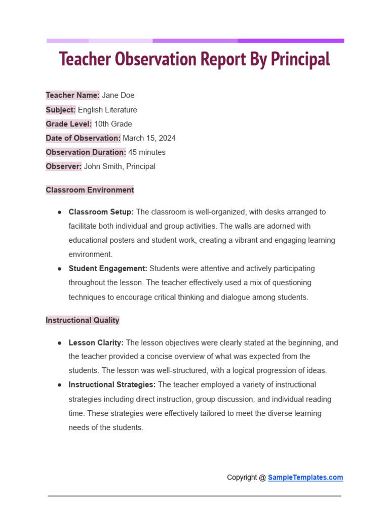 Teacher Observation Report by Principal | PDF | Teachers | Classroom