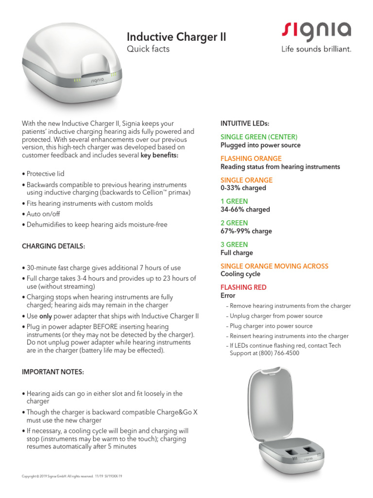 Signia Inductive Charger II Quick Facts | PDF | Battery Charger | Hearing Aid