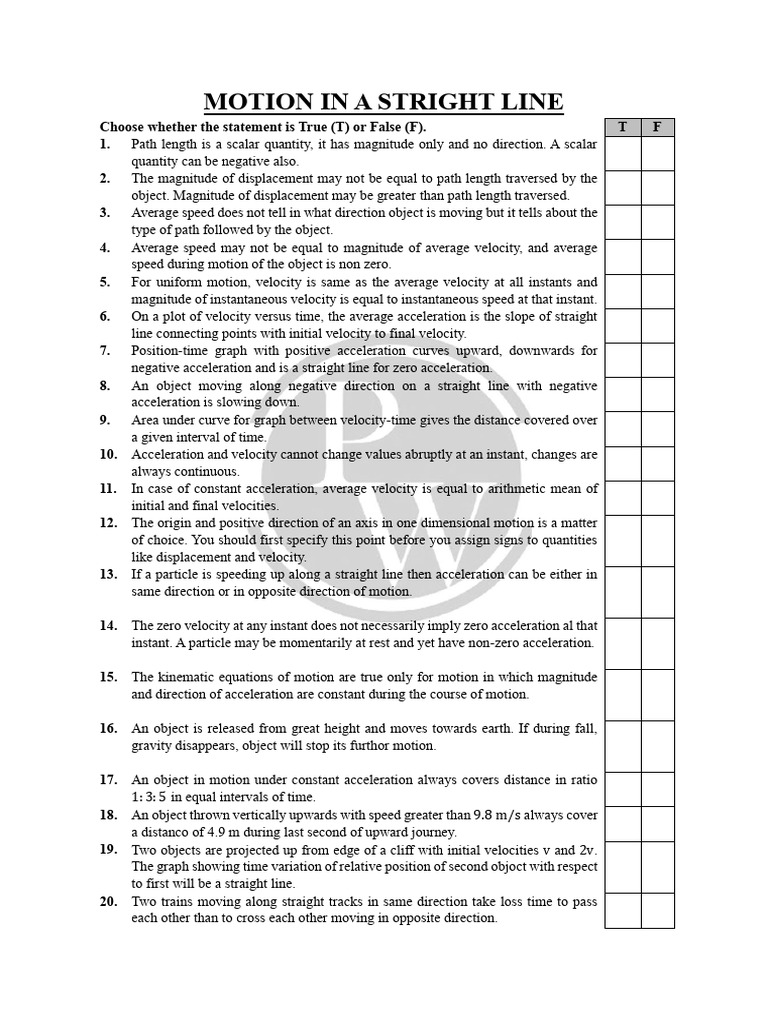 Physics True & False Questions | PDF | Velocity | Acceleration