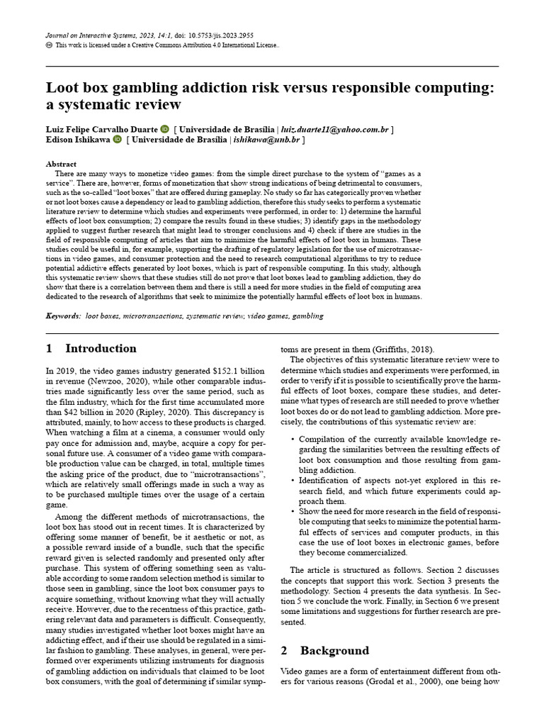 2023 - Duarte - Loot Box Gambling Addiction Risk Versus Responsible Computing - A Systematic ...