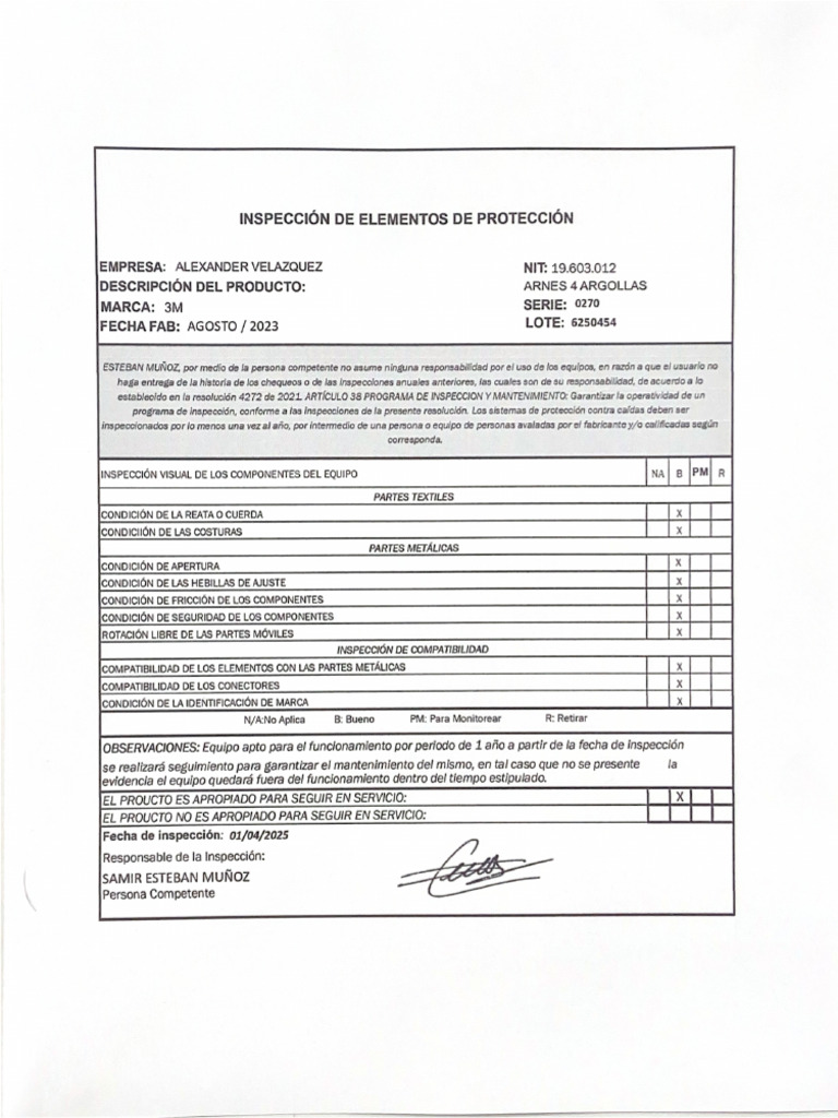 Inspección de Elementos de Protección Arnes 3M | PDF