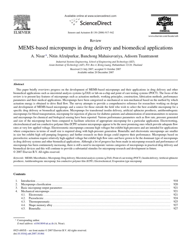 MEMS Micropumps in Biomedical Applications | PDF | Pump | Microfluidics
