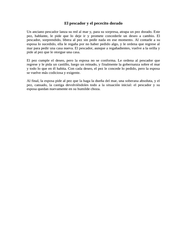 El pescador y el pez dorado: historia de codicia | PDF