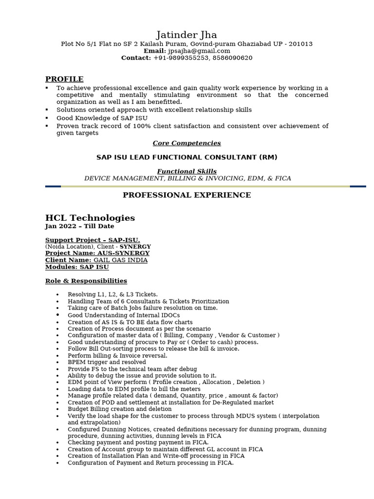 Resume SAP ISU Jatinder Jha-1-1 | PDF | Invoice