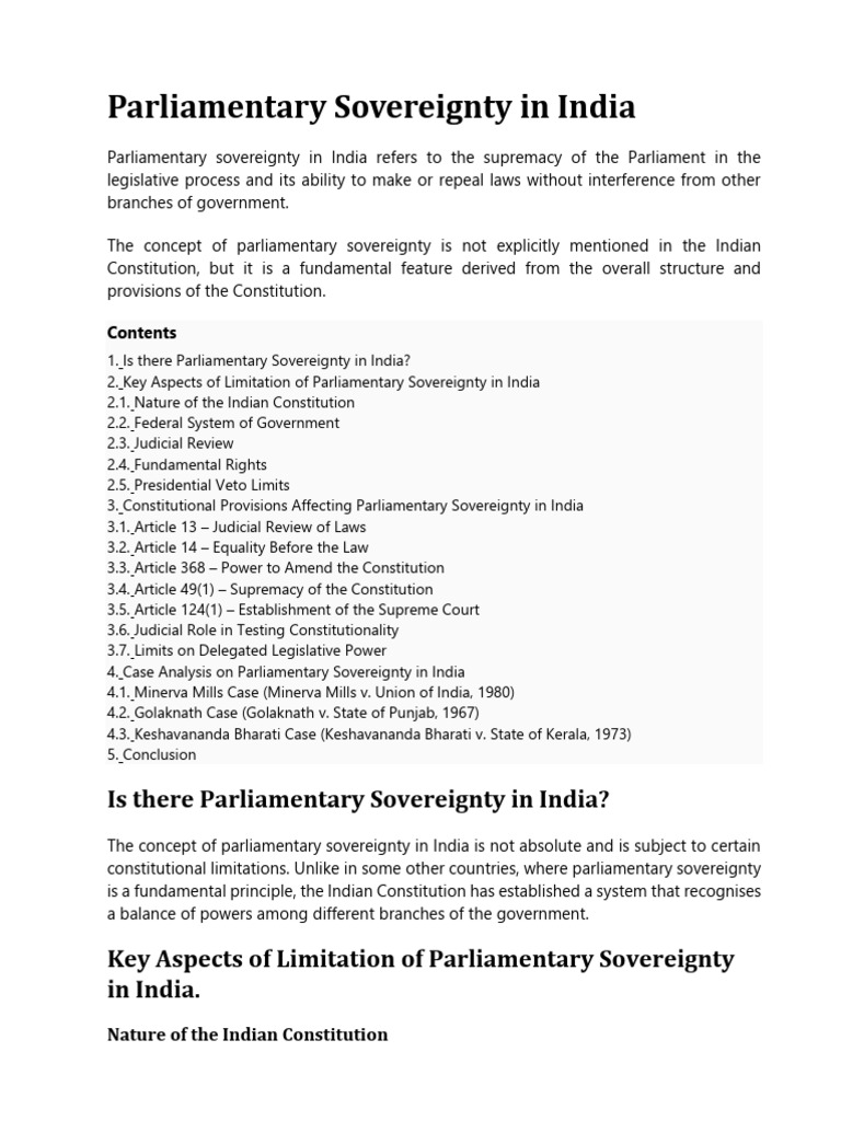 Understanding Parliamentary Sovereignty in India | PDF | Constitution ...
