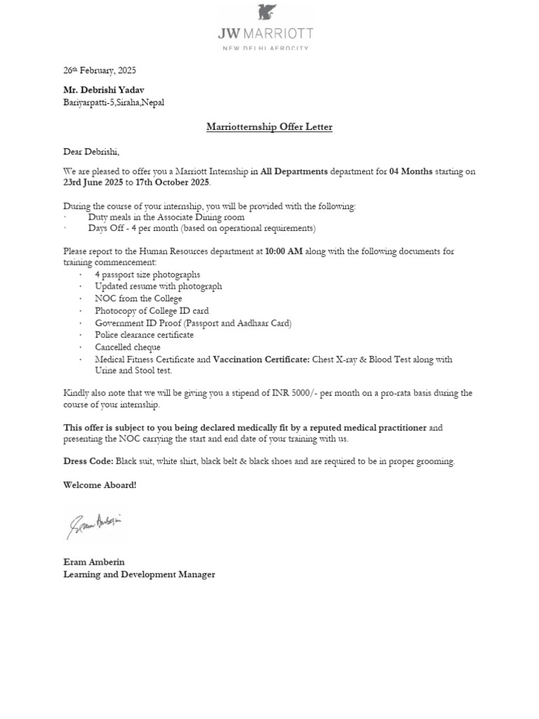 Marriott Internship Offer Details | PDF