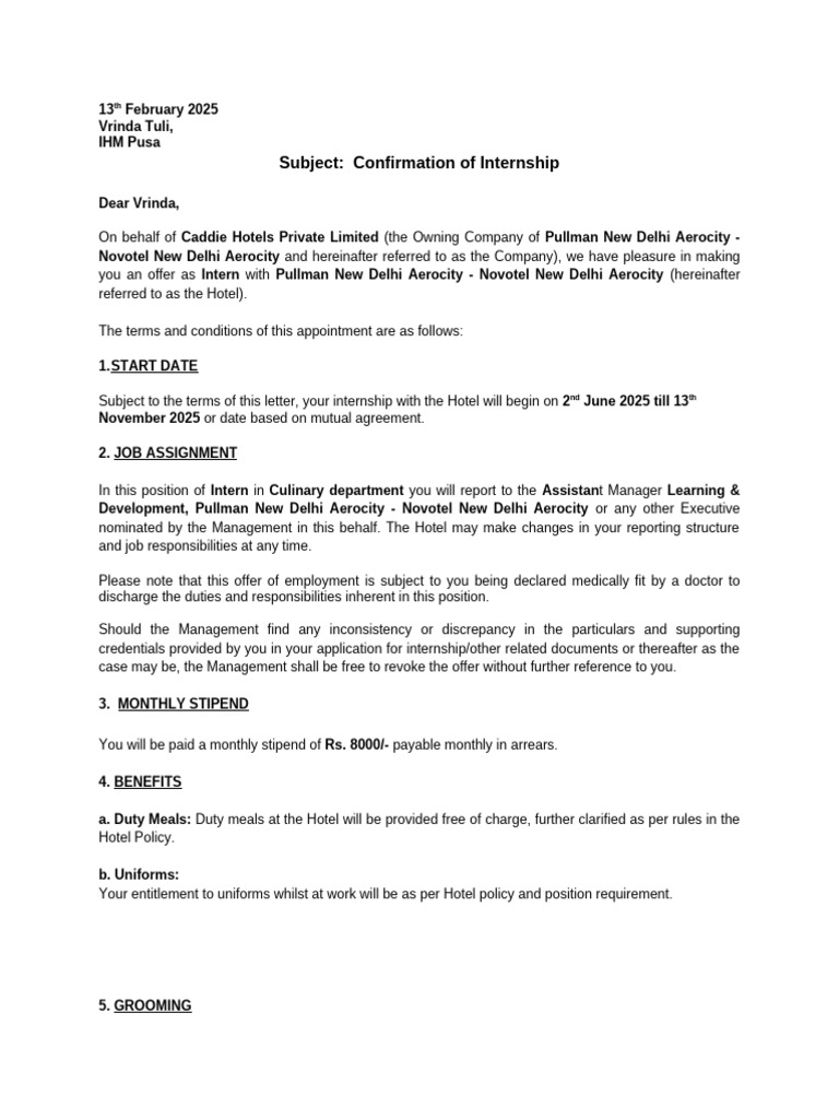 Offer Letter - Vrinda Tuli - IHM Sample | PDF | Common Law | Justice