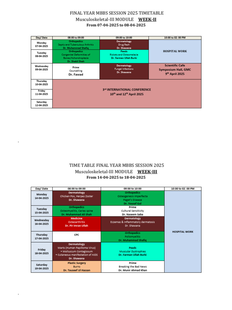 Final Year MBBS 2025 Timetable: Musculoskeletal Module | PDF | Clinical ...