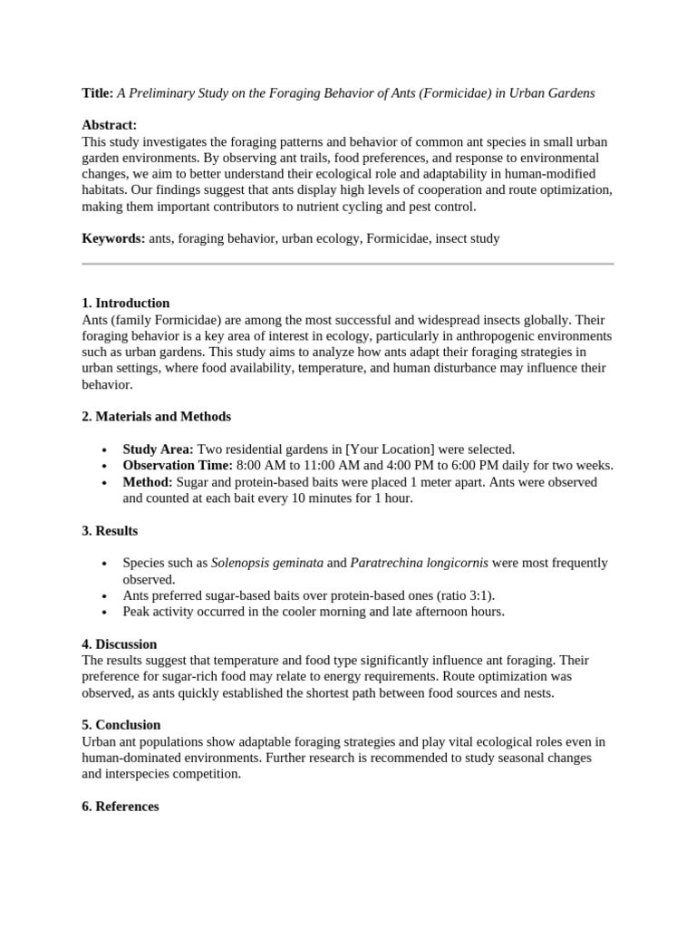 A Preliminary Study On The Foraging Behavior of Ants (Formicidae) in ...
