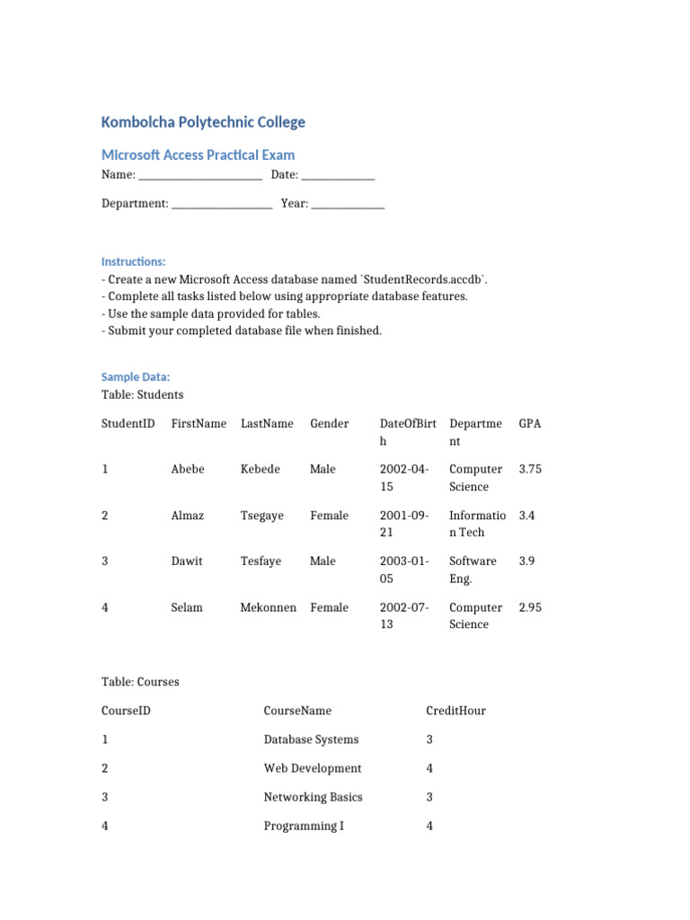MS Access Practical Exam Guide | PDF | Microsoft Access | Computer Data