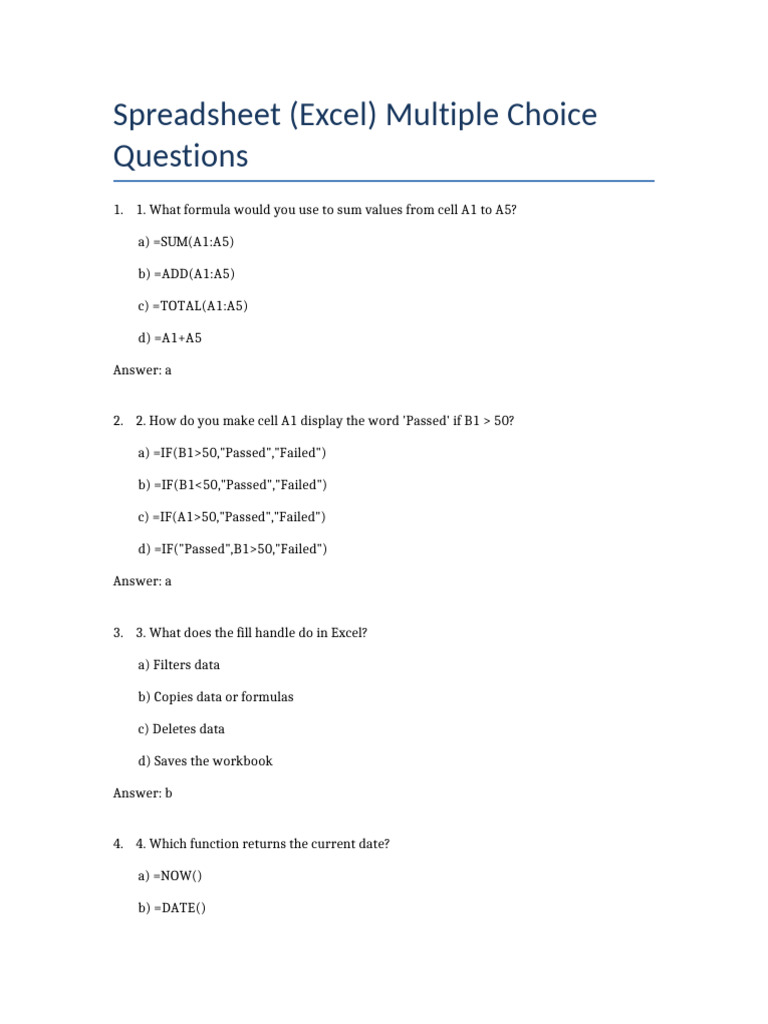 Spreadsheet Multiple Choice Questions | PDF | Microsoft Excel | Window ...