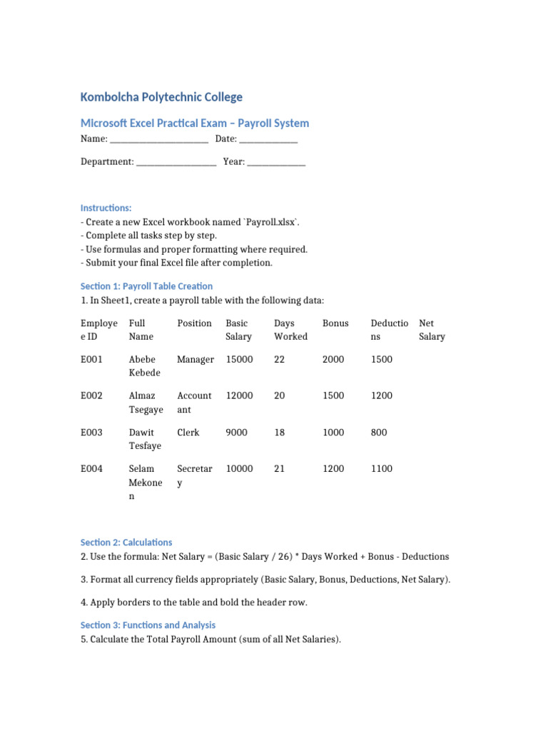 Excel_Payroll_Practical_Exam | PDF