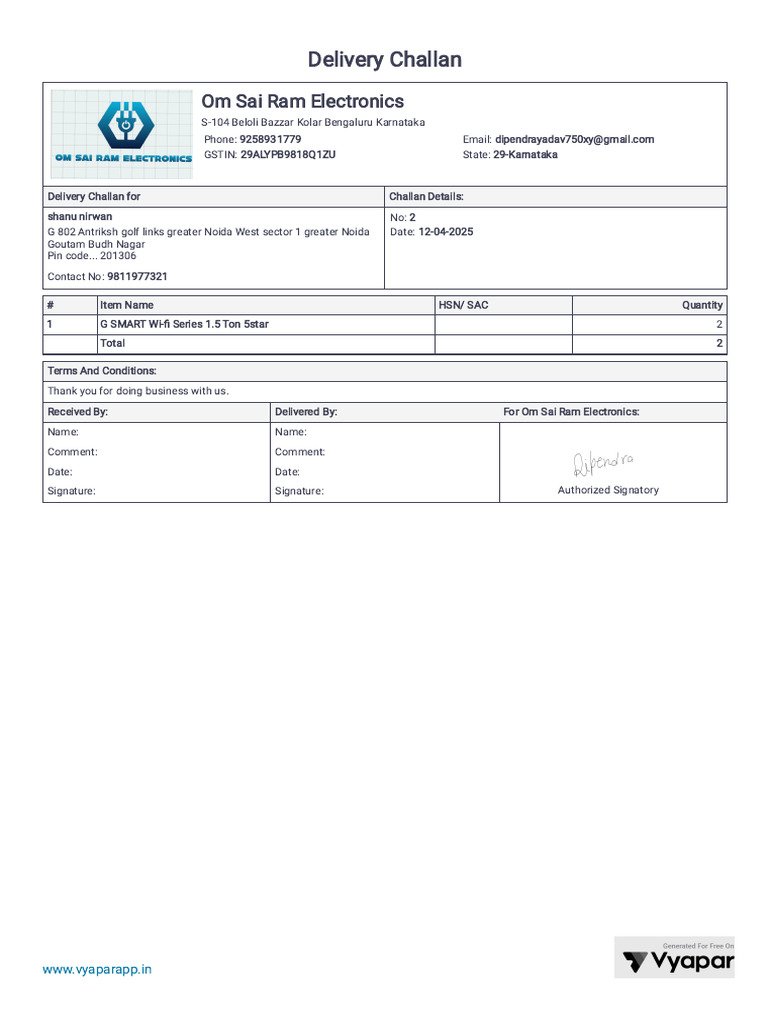Delivery Challan for Electronics Order | PDF