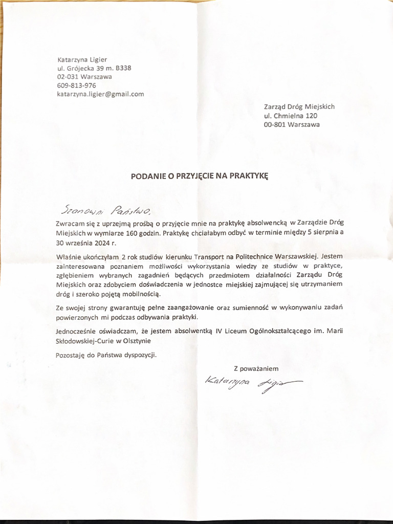 Ligier Podanie o Przyjęcie Na Praktykę | PDF