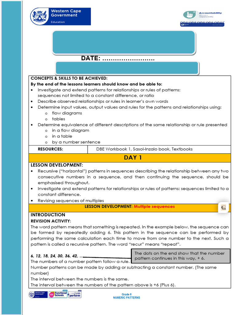 Lesson Plan Gr. 6 Mathematics Term 2 Week 3, 4 NUMERIC PATTERNS | PDF | Multiplication | Sequence