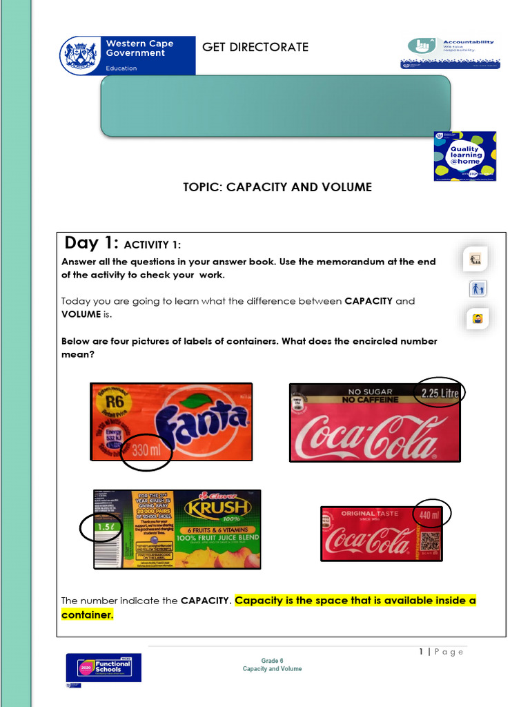 Grade 6 Capacity and Volume Activities | PDF | Litre | Volume